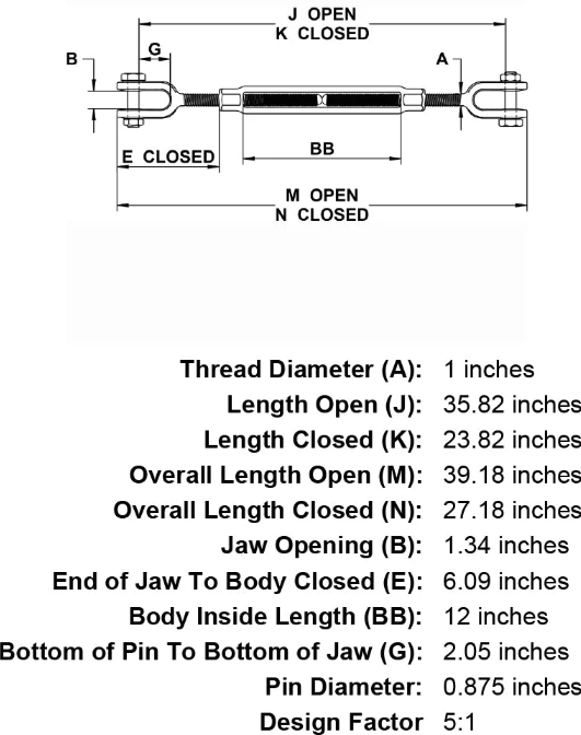 1" x 12" Turnbuckle Jaw and Jaw